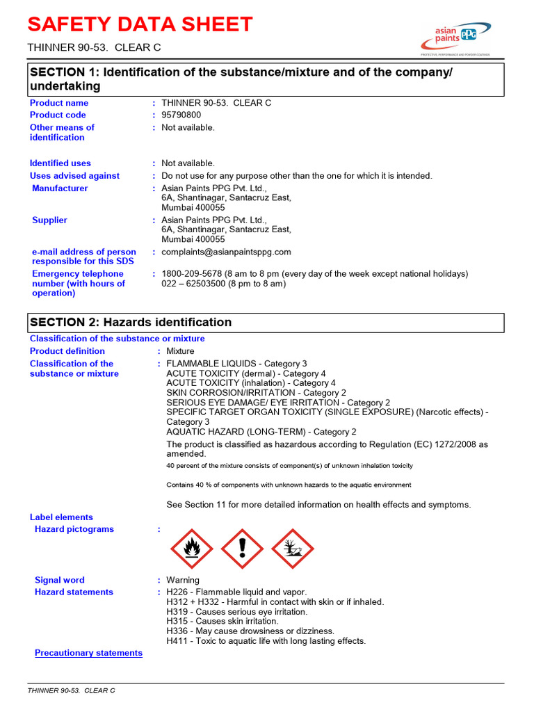 MSDS for Thinner 90-53 | PDF | Toxicity | Occupational Safety And Health
