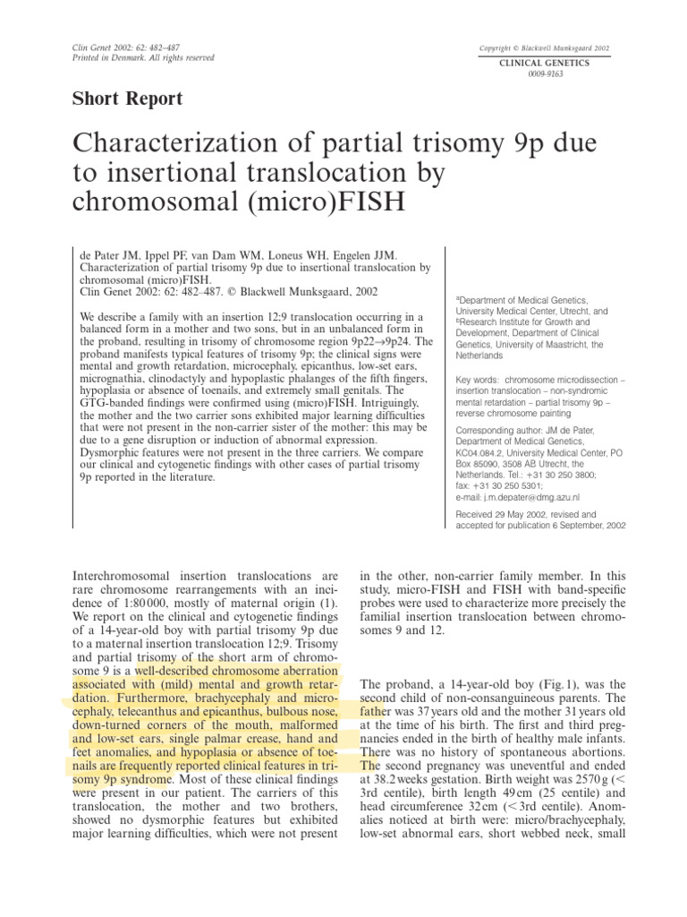 2002 - Caracterization of Partial Trisomy 9p Due To Insertional Translocation | PDF | Karyotype ...