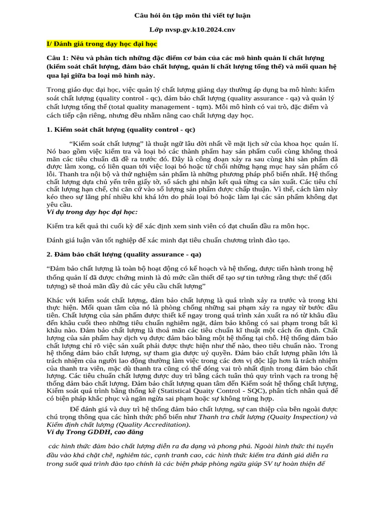 Câu Hỏi Ôn Tập Môn Thi Viết.nvsp.GV.K10.2024 | PDF
