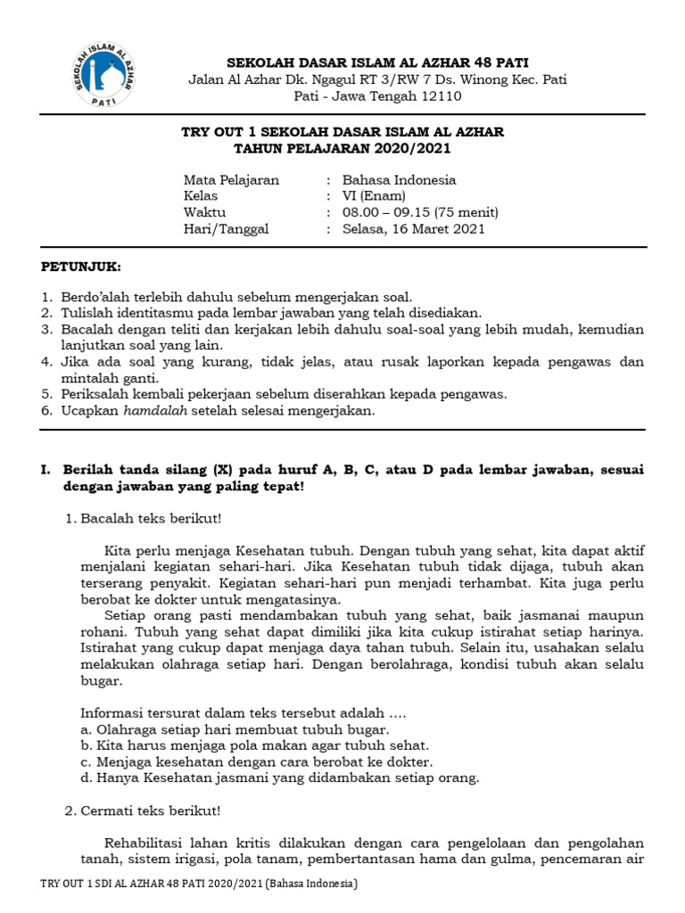 Soal Tryout I - Bahasa Indonesia | PDF