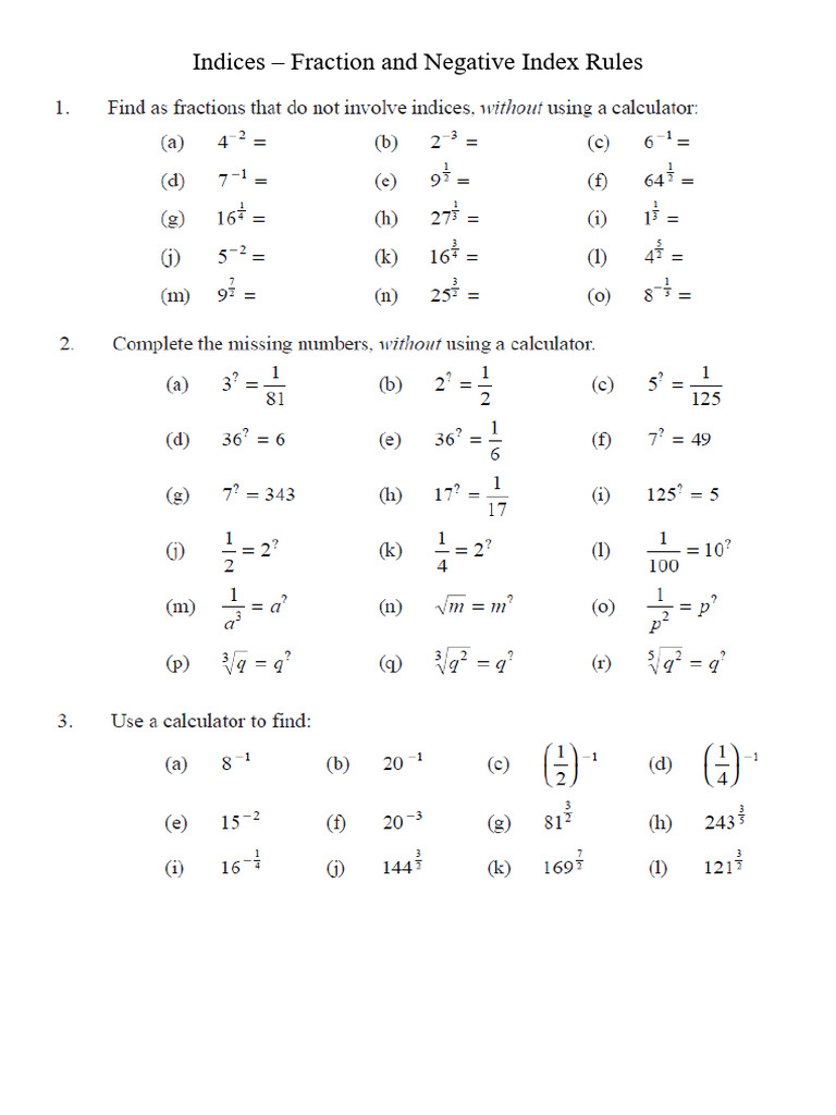 Indices Fraction and Negative Index Rules F | PDF