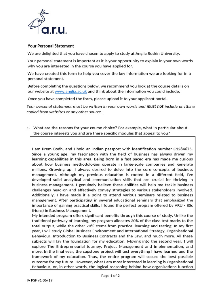 Personal Statement for ARU Business Course | PDF