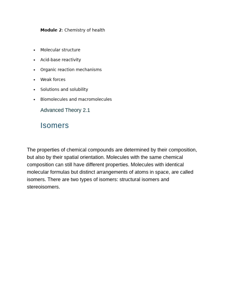 Module 2 Chemistry of Health | PDF | Isomer | Molecules