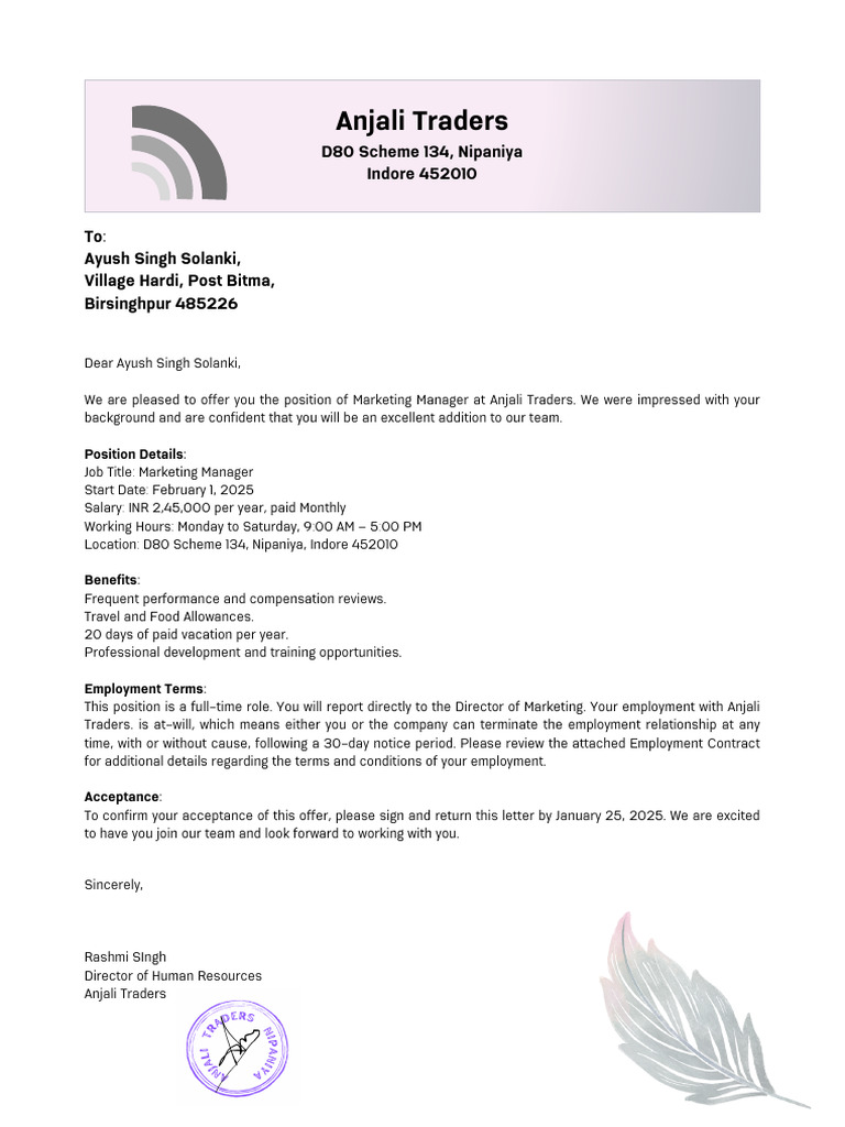 Ayush Singh Solanki Offer Letter | PDF