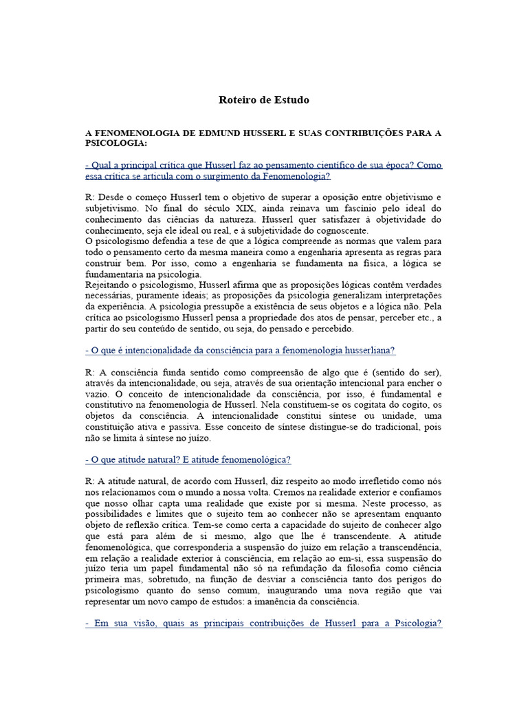 FENO - Roteiro de Estudo - NP1.pdf | PDF | Fenomenologia (Filosofia) | Martin Heidegger