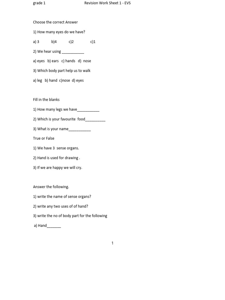 Grade 1 EVS Revision Worksheet | PDF