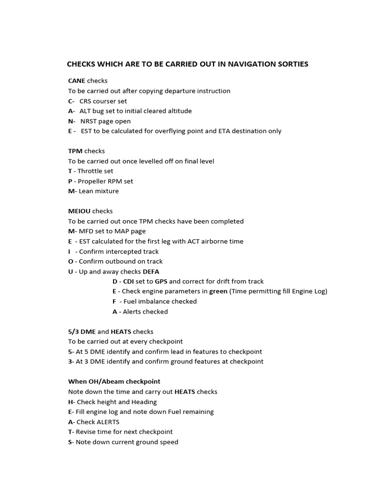Checks Which Are To Be Carried Out in Navigation Sorties | PDF ...