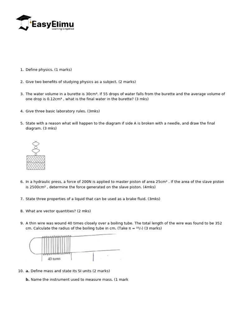 Physics - Form 1 End Term 2 Exams 2024 Set 1-1827 | PDF | Density | Pressure
