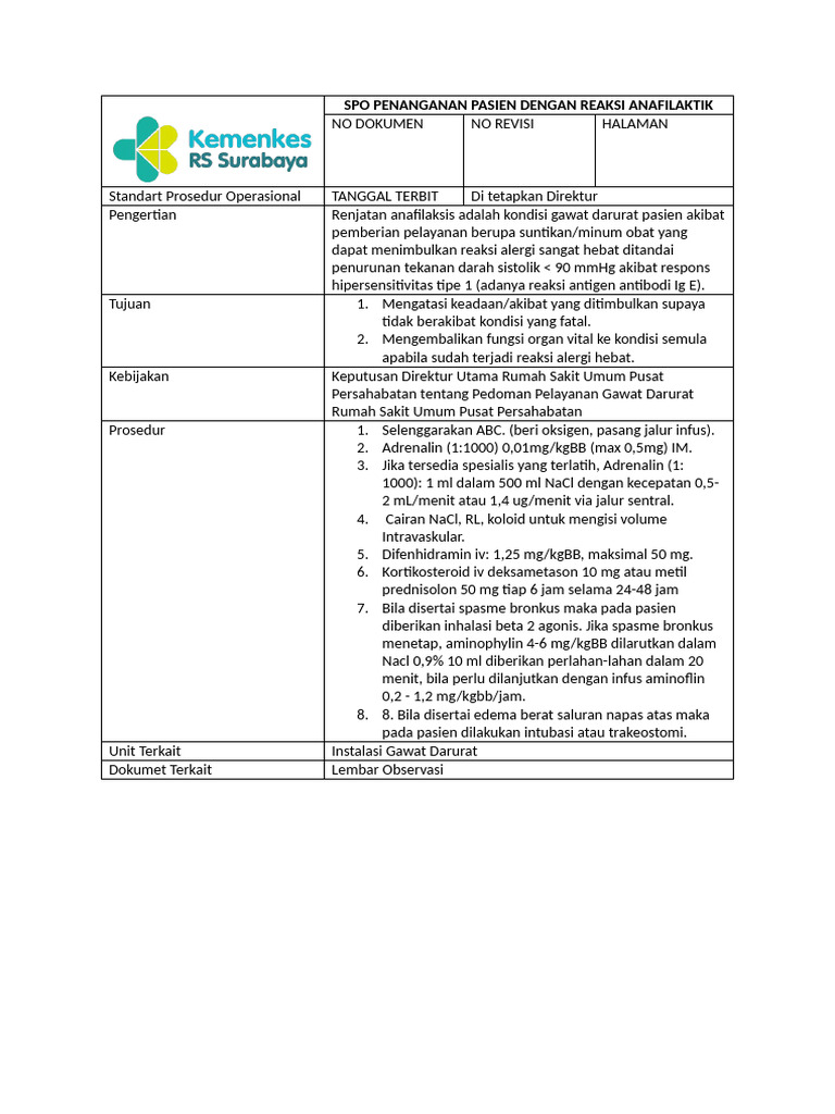 Spo Penanganan Pasien Dengan Reaksi Anafilaktik | PDF