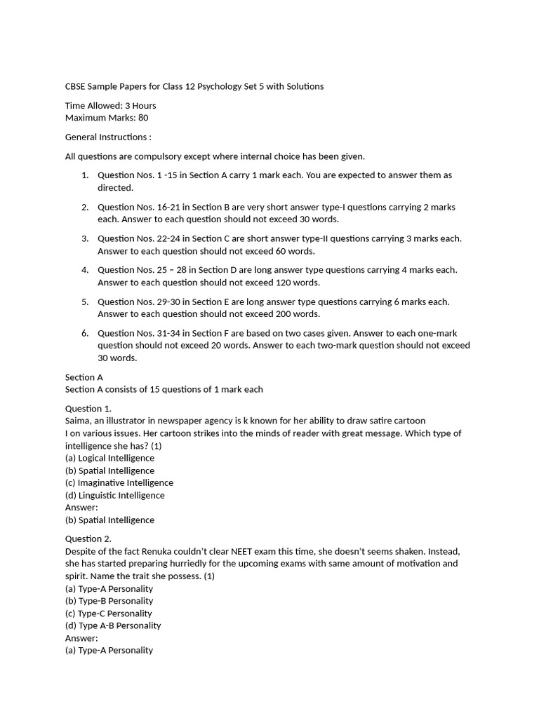 CBSE Sample Papers For Class 12 Psychology Set 5 With Solutions | PDF ...