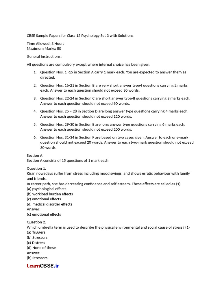 Class 12 Psychology Sample Paper Set 3 | PDF | Stress (Biology) | Psychotherapy