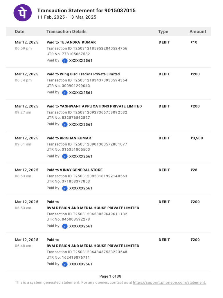 PhonePe Statement Feb2025 Mar2025 | PDF | Debits And Credits | Debit Card