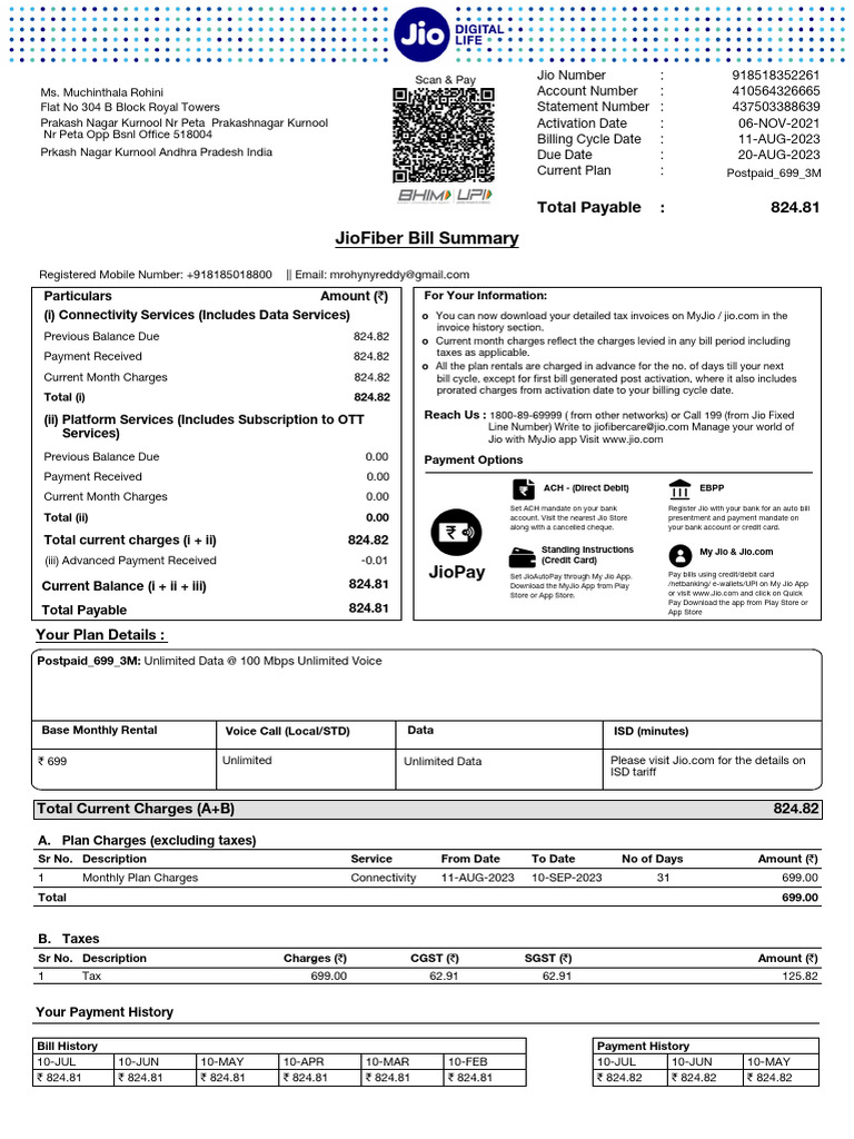 Jio August Bill-Unlocked | PDF | Payments | Credit Card