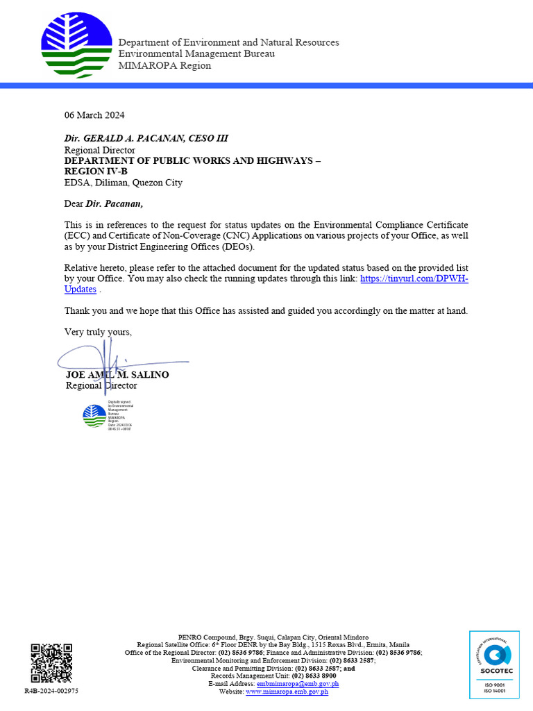 Letter To Dir. Gerald A. Pacanan Ceso Iii of DPWH Region Iv B | PDF