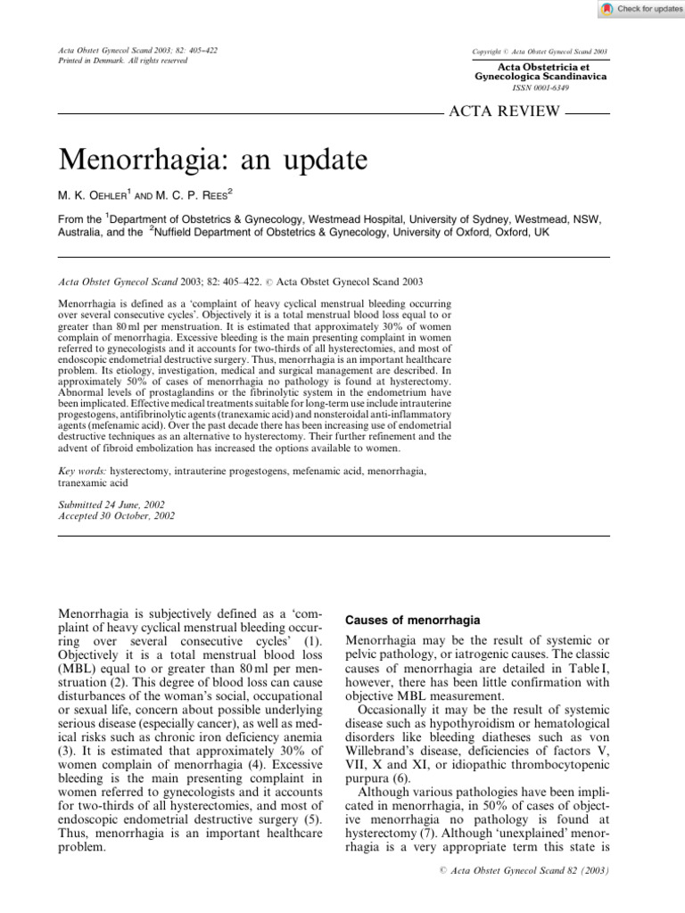 Acta Obstet Gynecol Scand - 2003 - Oehler - Menorrhagia an update | PDF ...