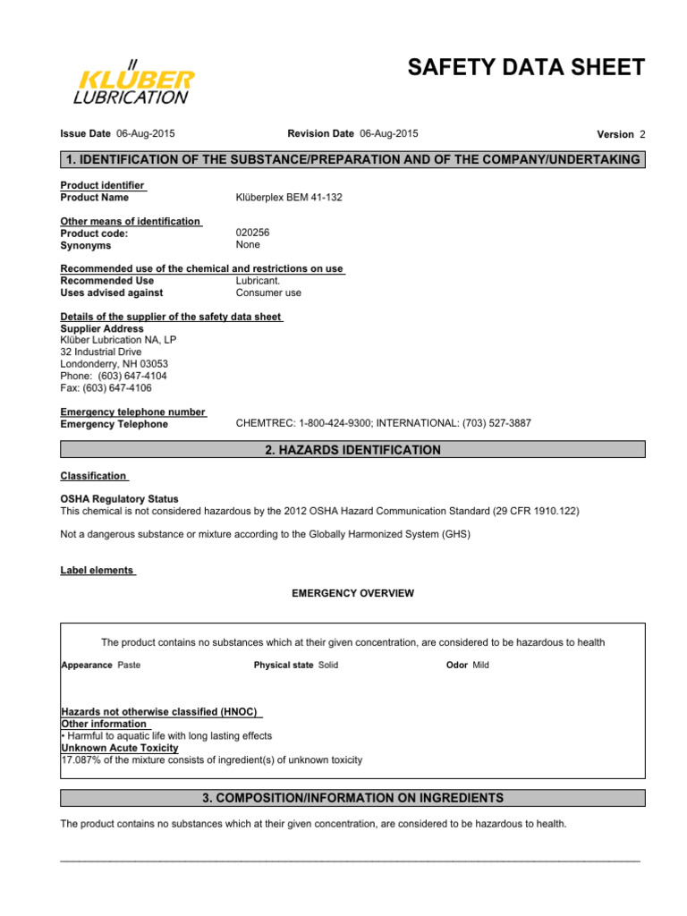 Klüberplex BEM 41-132 Safety Data Sheet | PDF | Safety | Materials