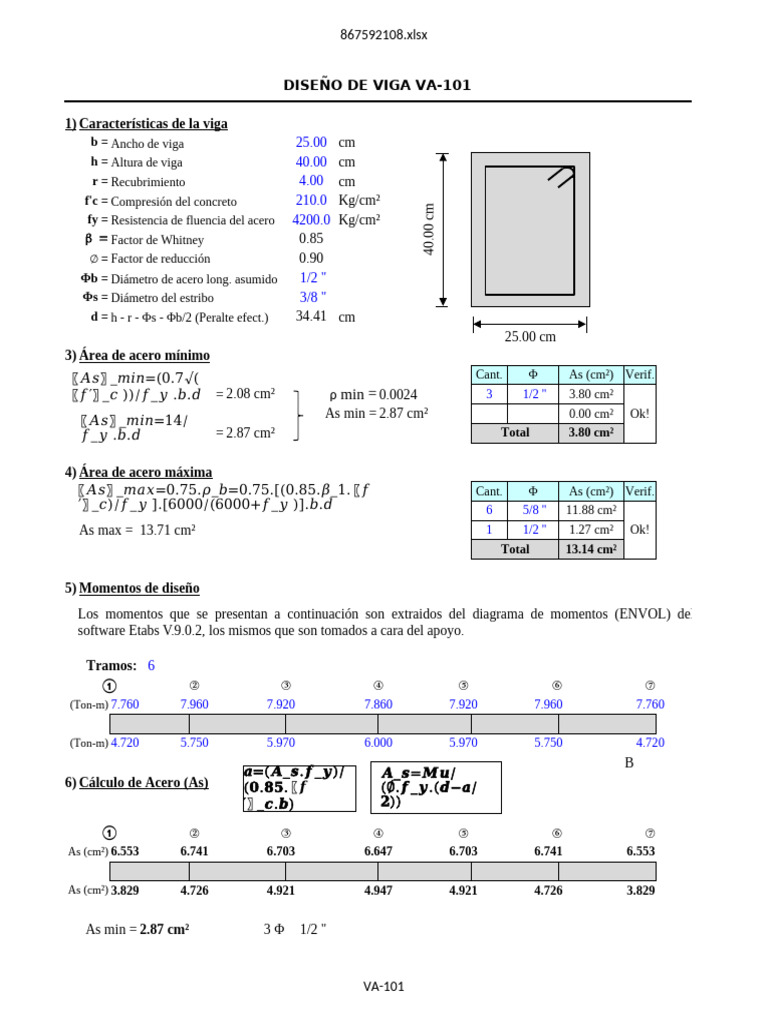 Diseño de Viga VA-101: Cálculos y Acero | PDF | Viga (Estructura ...