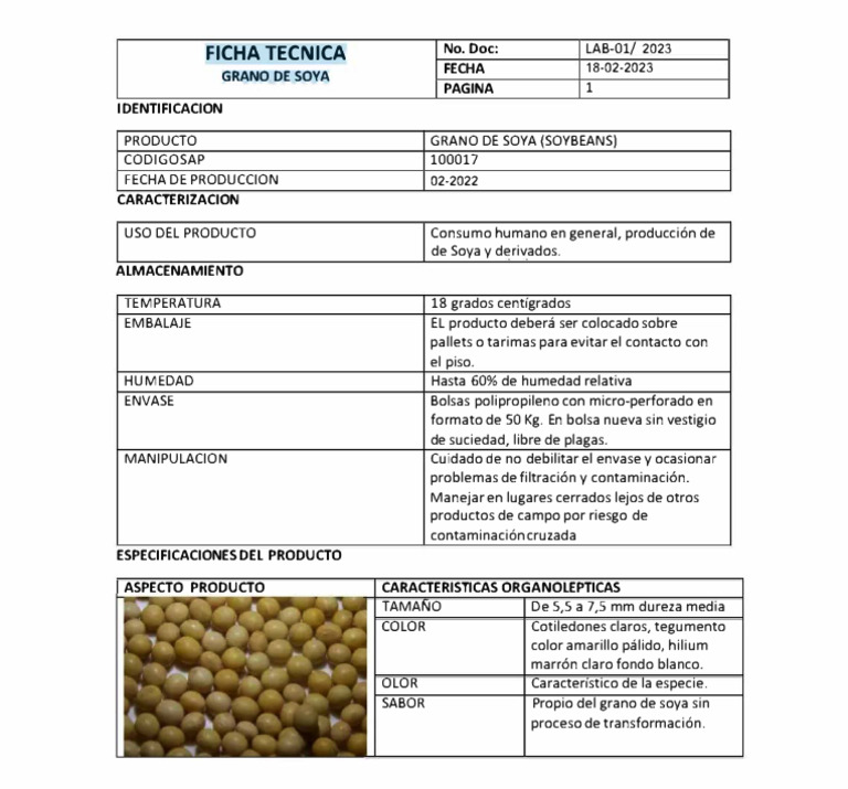 Ficha Técnica del Grano de Soya | PDF