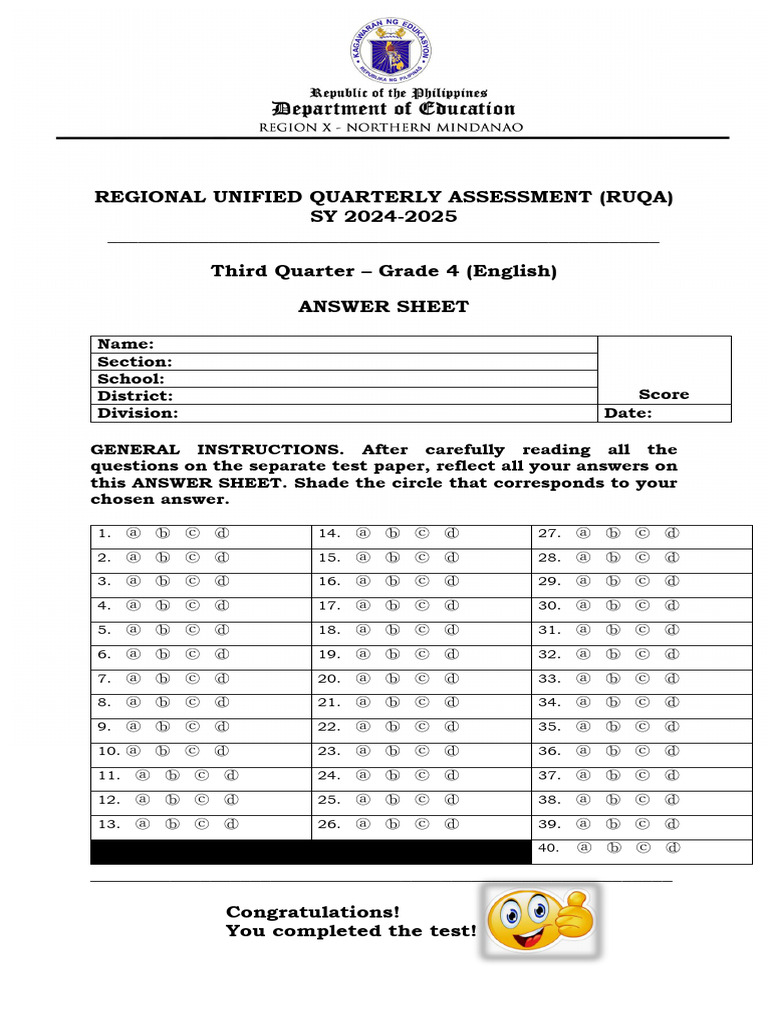 Grade 4 English Q3 Assessment - Answer Sheet | PDF