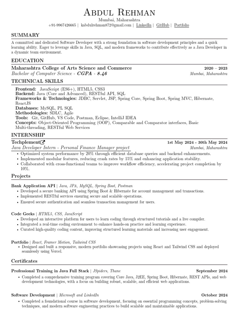 Software Developer Resume | PDF | Java (Programming Language) | Software Development