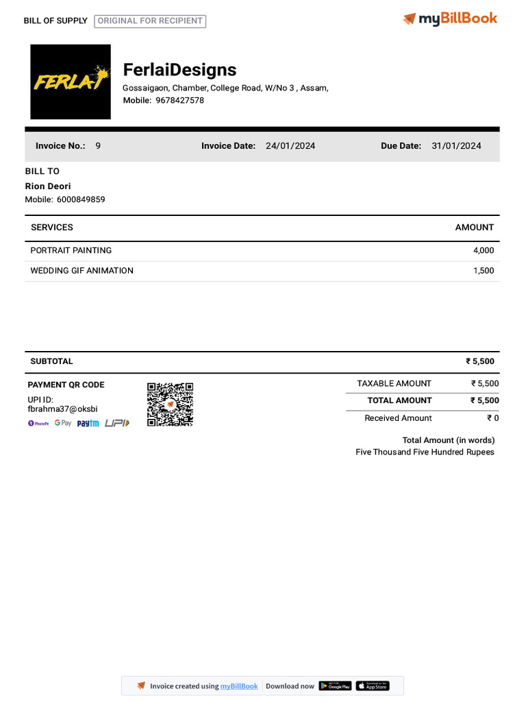 Invoice for Portrait and Animation Services | PDF