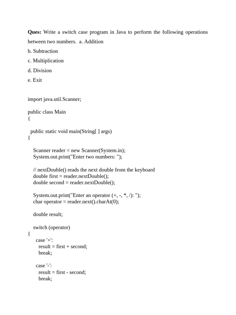 Java Switch Case Calculator Program | PDF