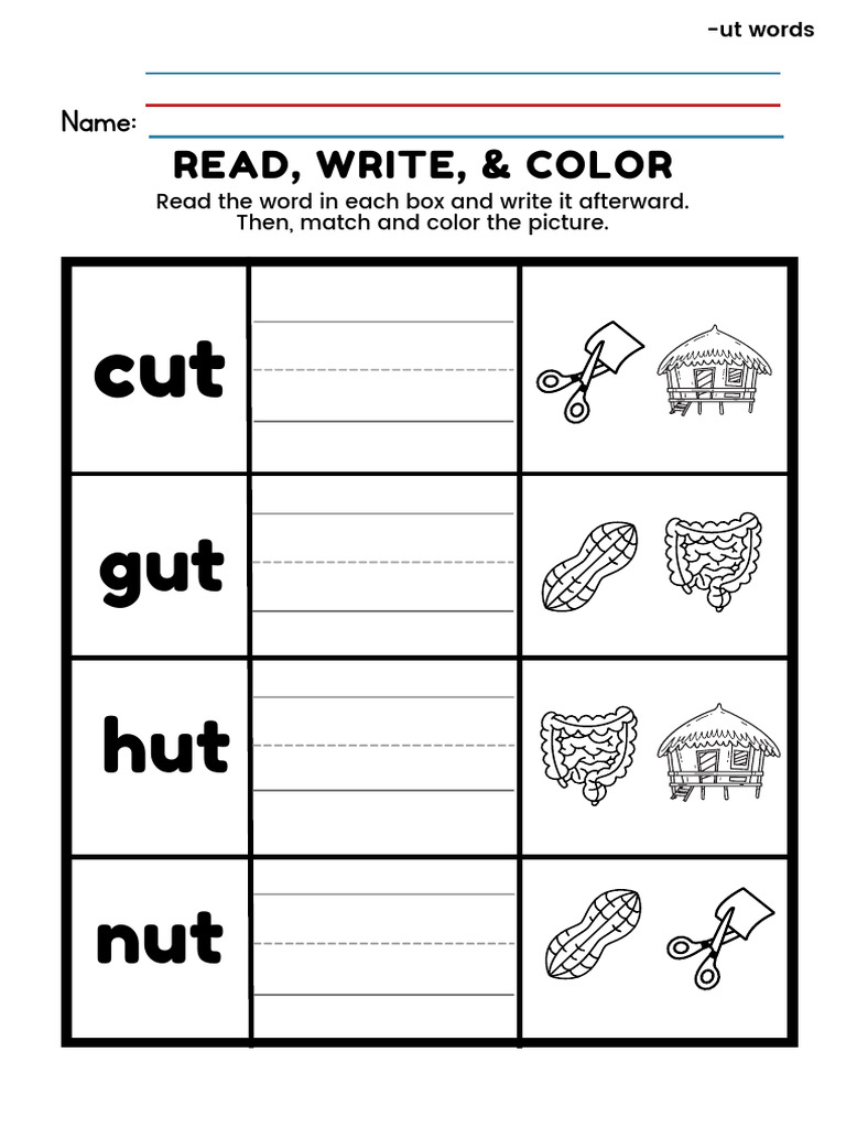 Read, Write, and Color CVC Words - Ut Words | PDF