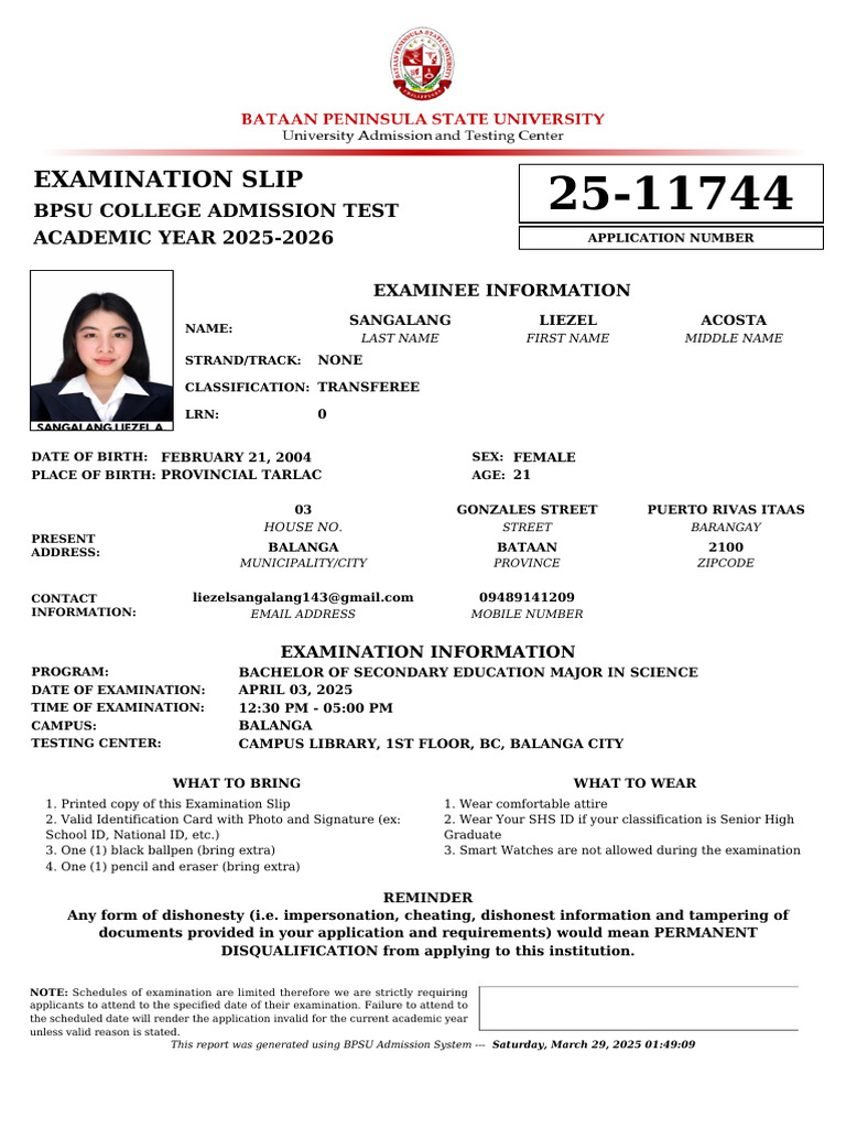 BPSU College Admission Test Slip 2025 | PDF | Government And Personhood ...
