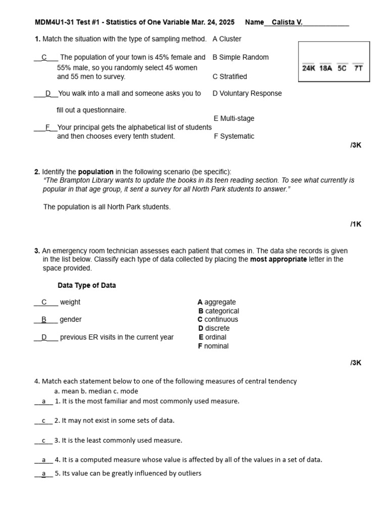MDM4U1-31 - Test #1 - Statistics of One Variable | PDF | Standard ...