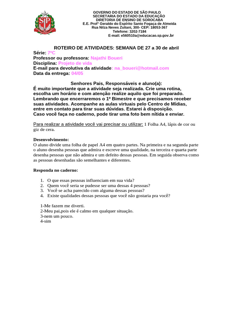 PROJETO DE VIDA - 7C - Atividade 1-FEITO | PDF