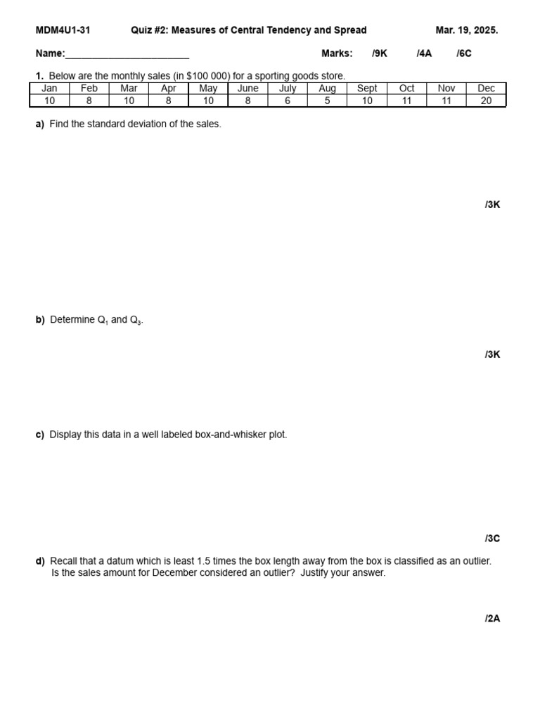 Quiz #2_ Measures of Central Tendency and Spread | PDF | Data Analysis | Statistical Analysis