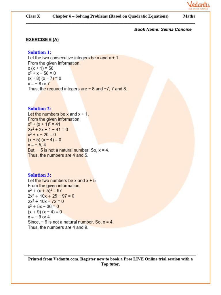 Solving Simple Problems (Based On Quadratic Equations) Solutions For ICSE Board Class 10 ...