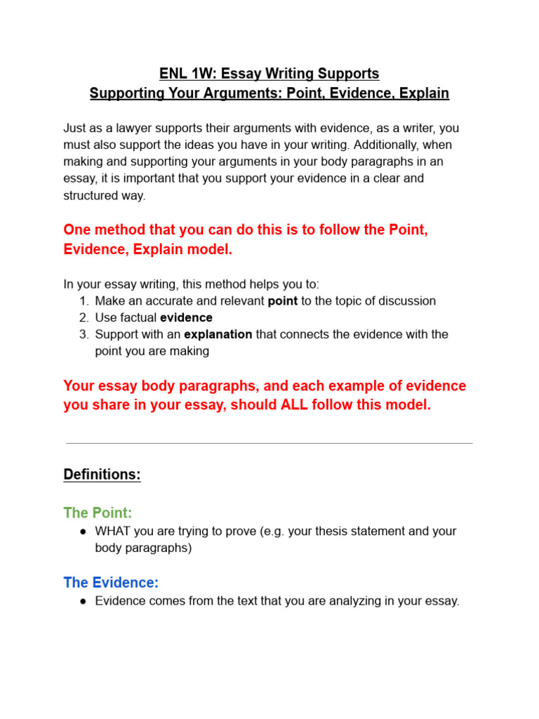 ENL 1W - Point, Evidence, Explain - Essay Writing Supports | PDF | Essays