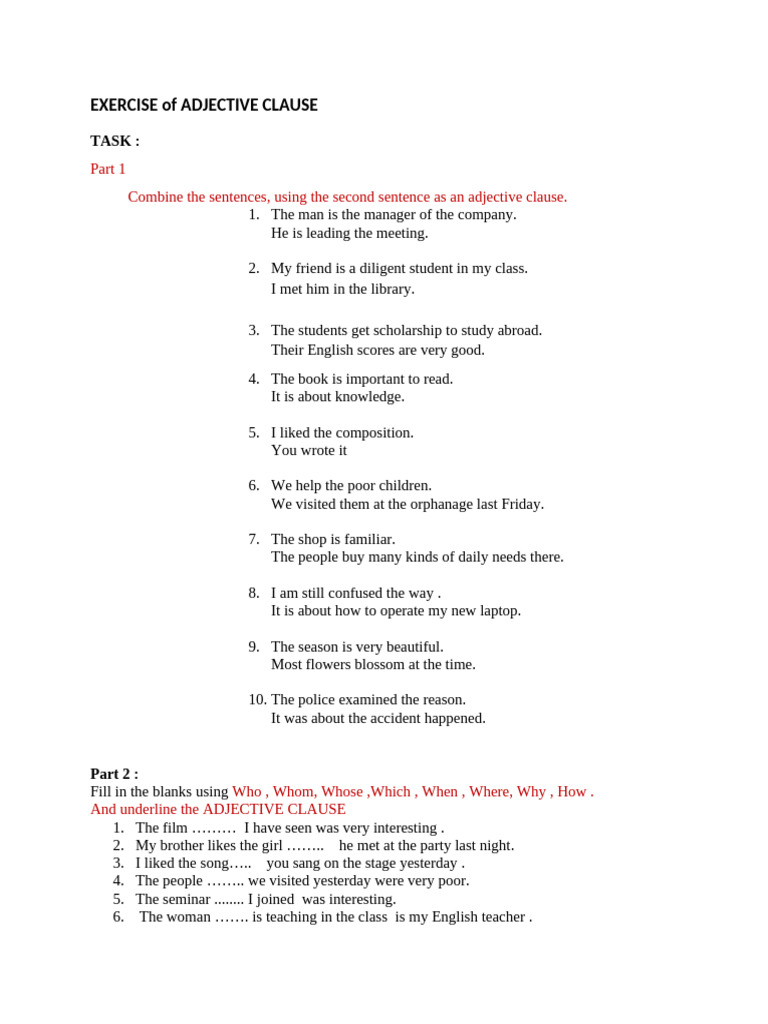 Adjective Clause Exercises and Tasks | PDF