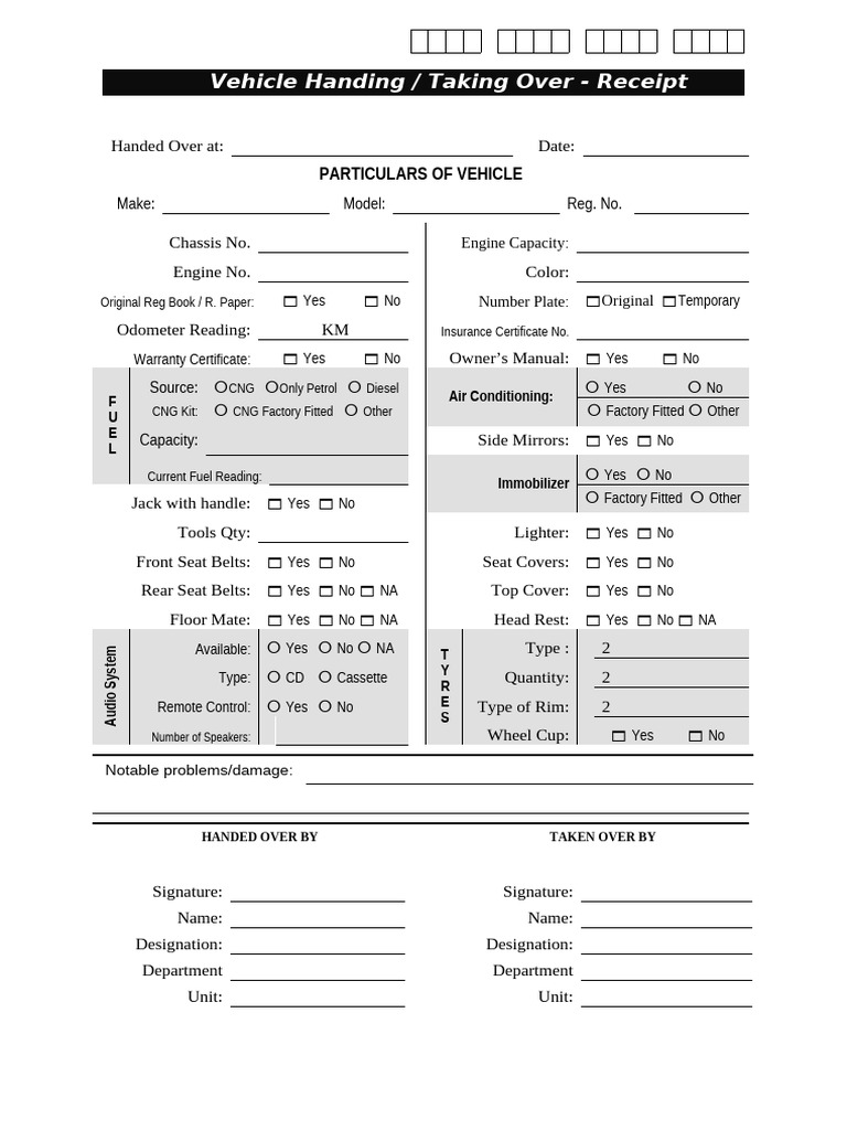 Vehicle Handover Receipt Template | PDF | Vehicles | Car Manufacturers