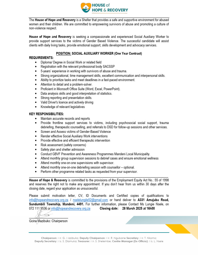 Social Auxiliary Worker Position Available | PDF | Domestic Violence ...