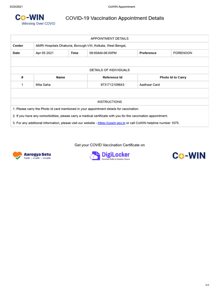 CoWIN Appointment | PDF