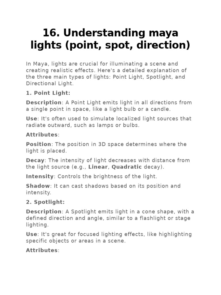 Understanding Maya Lights (Point, Spot, Directional) | PDF | Shadow | Light