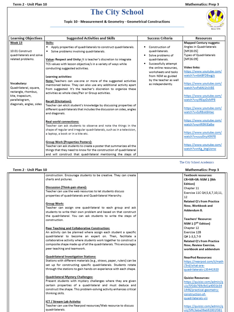 Quadrilateral Construction Unit Plan | PDF | Learning | Cognition