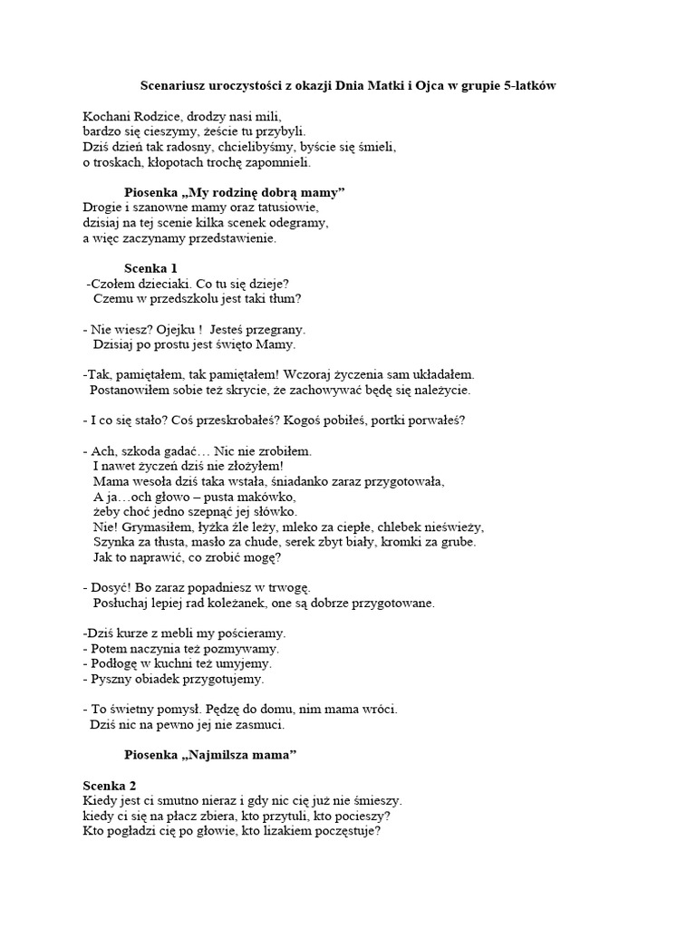 Scenariusz Uroczystosci Z Okazji Dnia Matki I Ojca W Grupie 5latkow | PDF