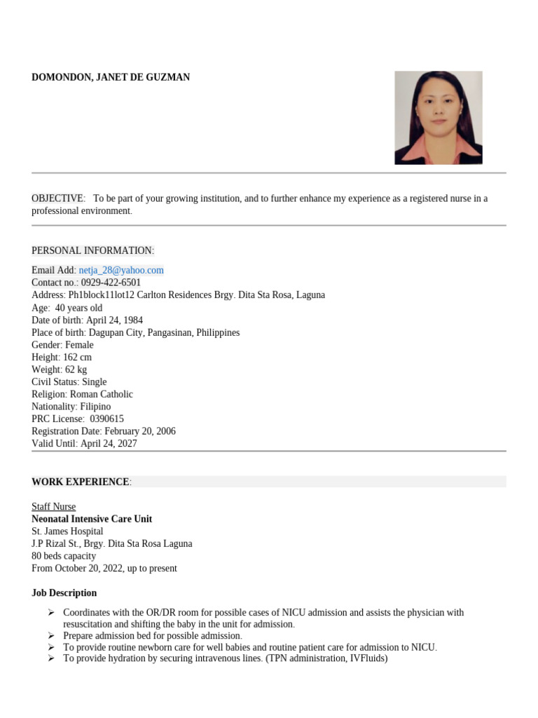 Janet Cv 2024 Sept Updated | PDF | Neonatal Intensive Care Unit ...