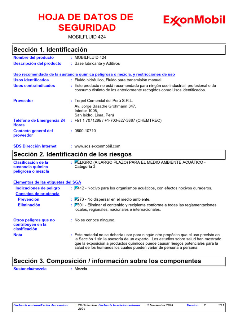 Hoja de Datos de Seguridad Mobilfluid 424 | PDF | Destilación | Química