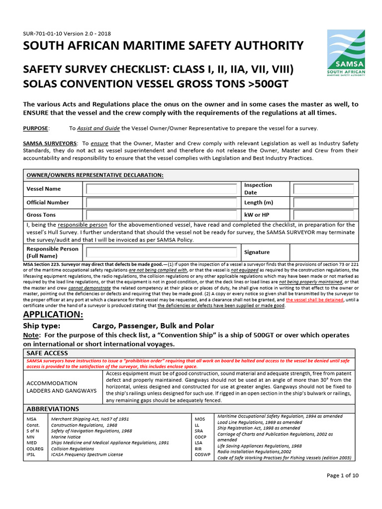 SAMSA Safety Survey Checklist for Vessels | PDF | Shipping