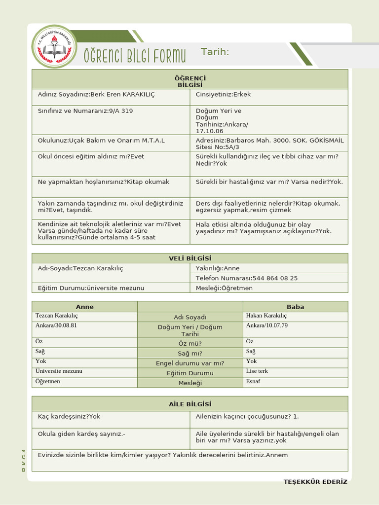 Öğrenci Bilgi Formu | PDF