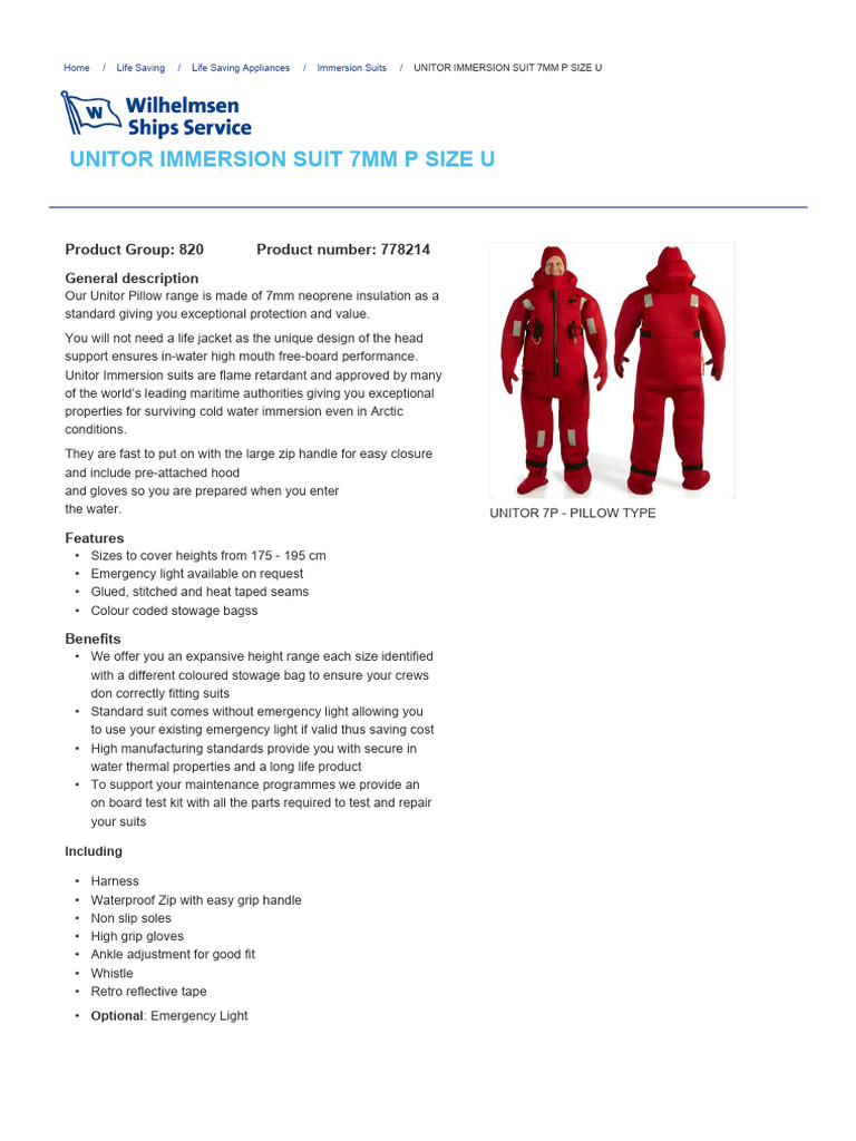 Unitor Immersion Suit 7Mm P Size U: Product Group: 820 Product Number: 778214 | PDF