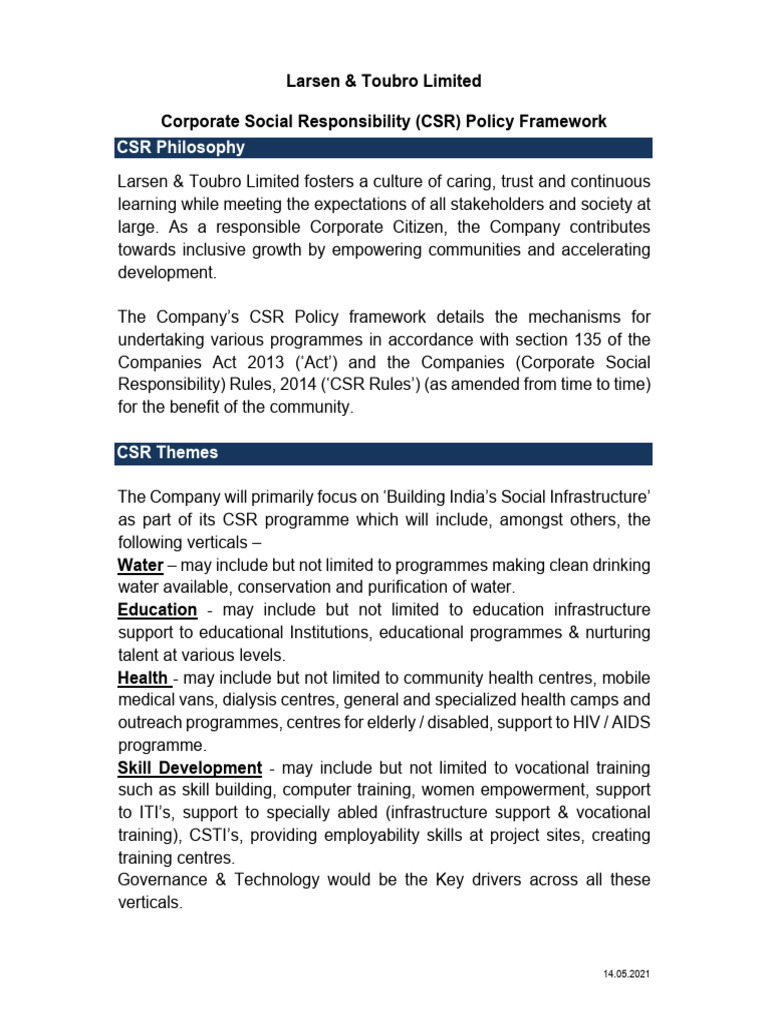 CSR Policy Framework 140521 | PDF | Corporate Social Responsibility ...