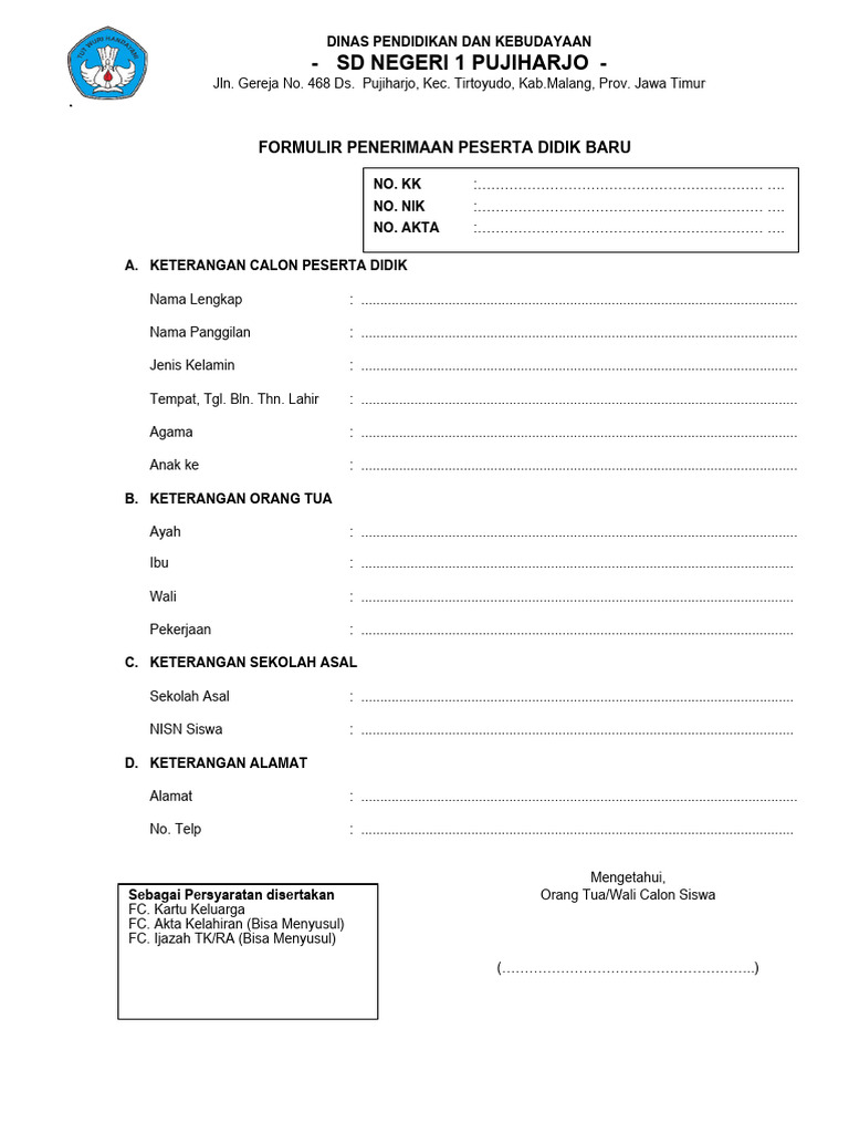 Formulir PSB SD Negeri 1 Pujiharjo | PDF