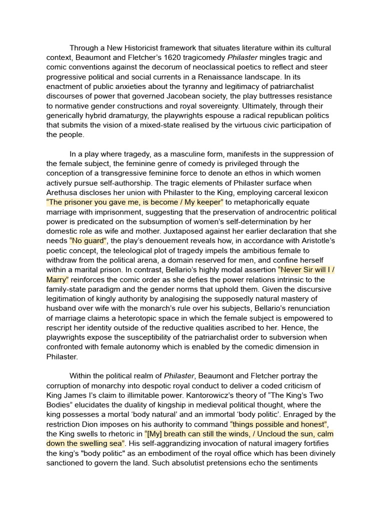 Philaster Final Essay - Prelim English Adv | PDF