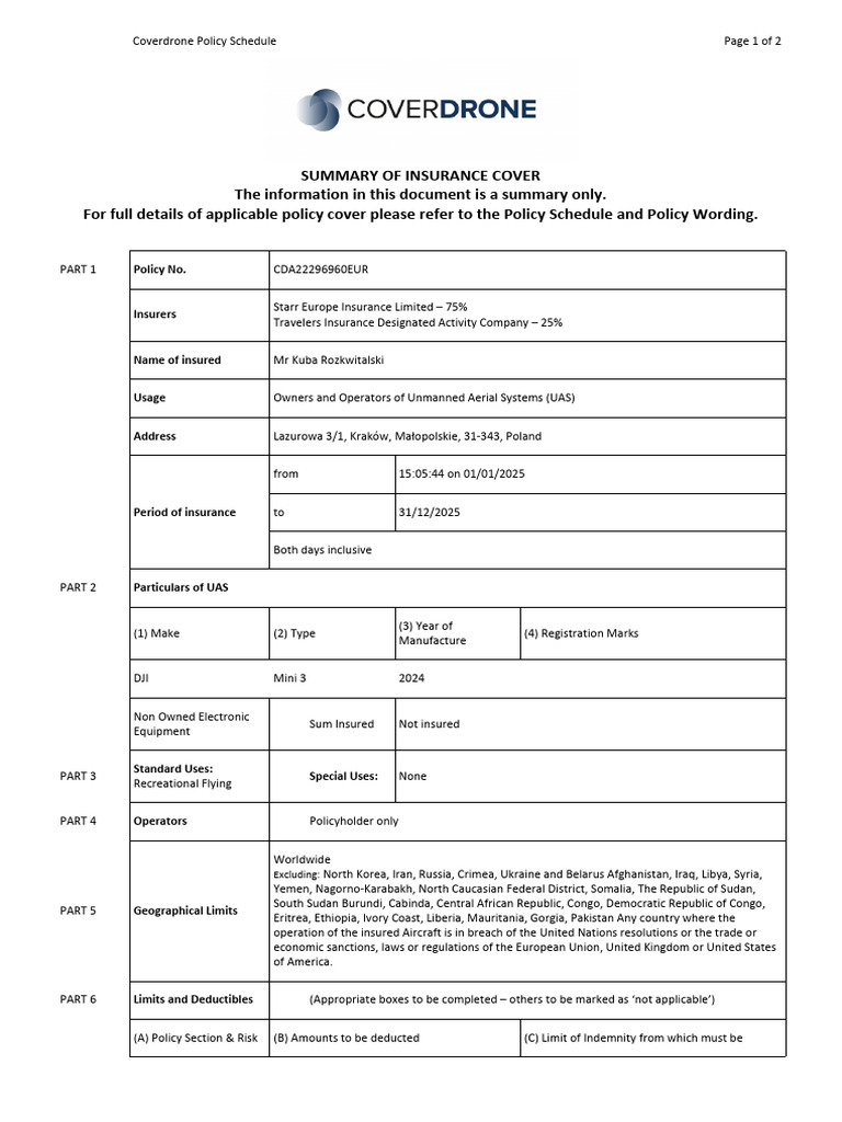 Coverdrone UAS Insurance Policy Summary | PDF | Insurance