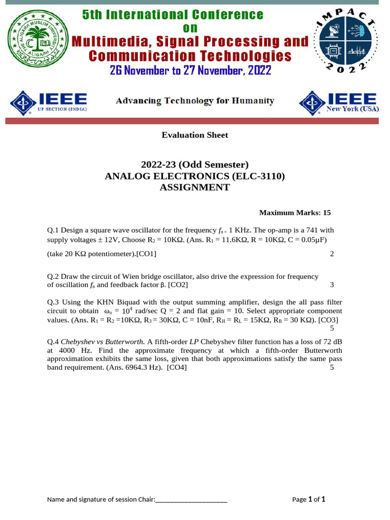 ELC3110 H.Assignment with Ans. 2022 | PDF